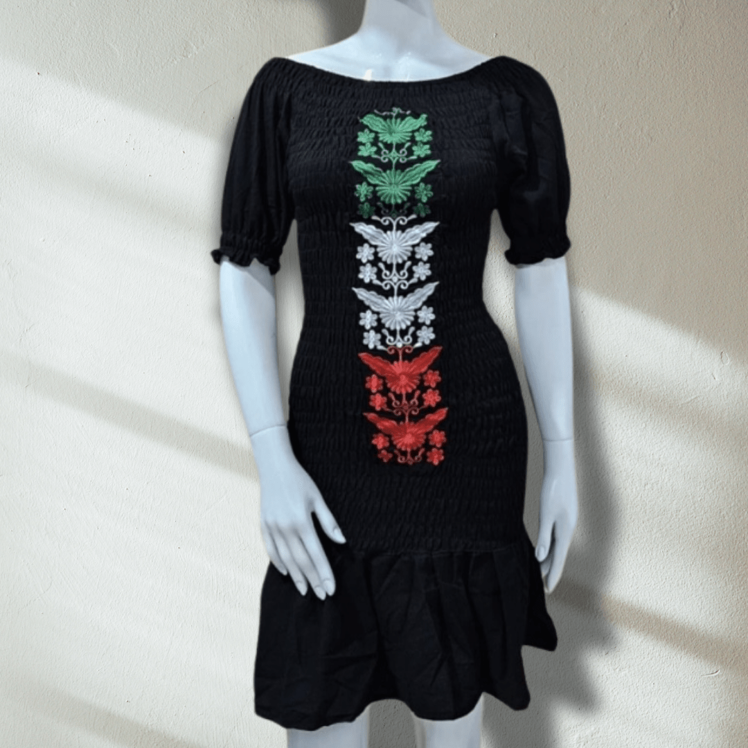 Off Shoulder Elastic Mexican Tri Color Dress - Viva Mexico – Camelia ...