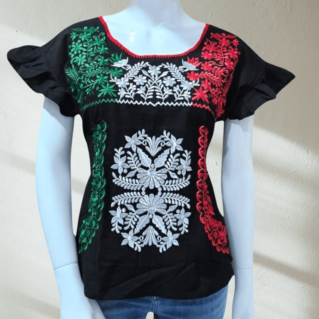 Tri Color Mexican Ruffled Sleeve Blouse - Viva Mexico – Camelia Mexican ...