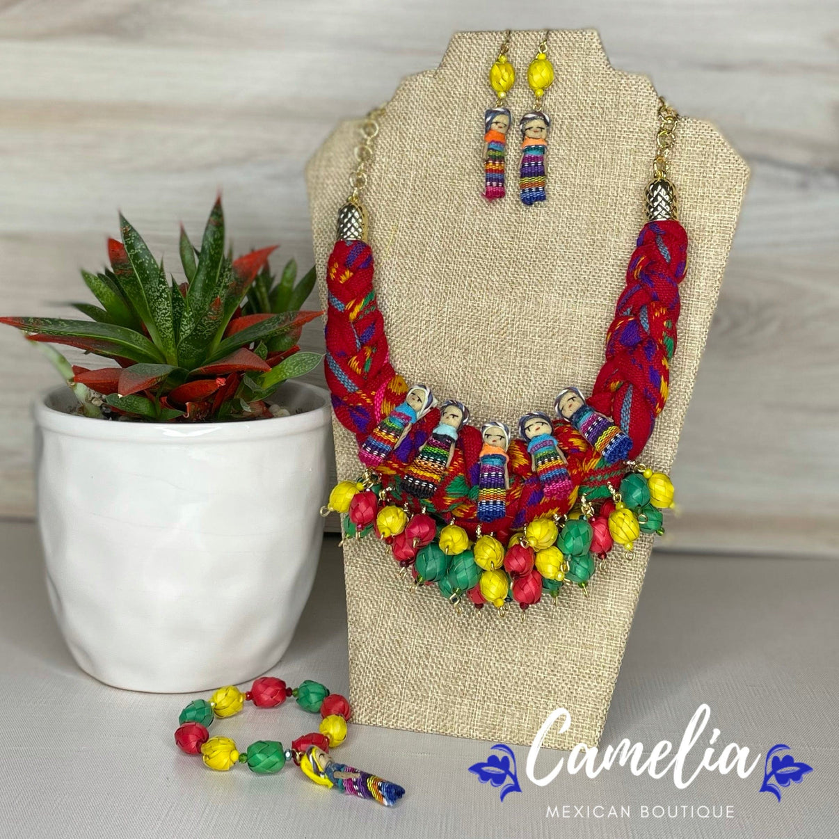 Mexican Quitapena Mayan Doll Palm Necklace Set – Camelia Mexican Boutique